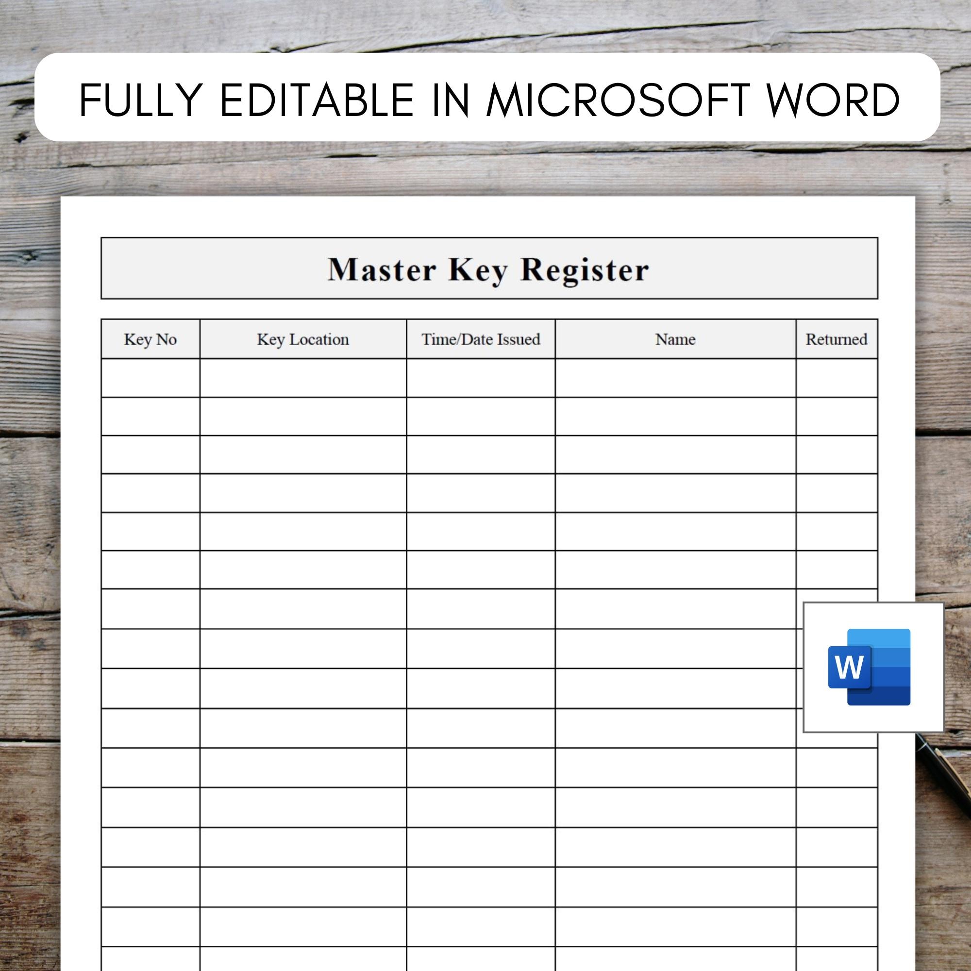 Master Key Log, Master Key Register, Master Key Record, Key Tracking ...