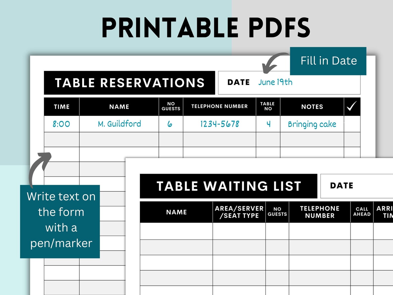 Table Reservation List, Restaurant Table Waiting List, Restaurant Large Party Form, Bundle Table ...