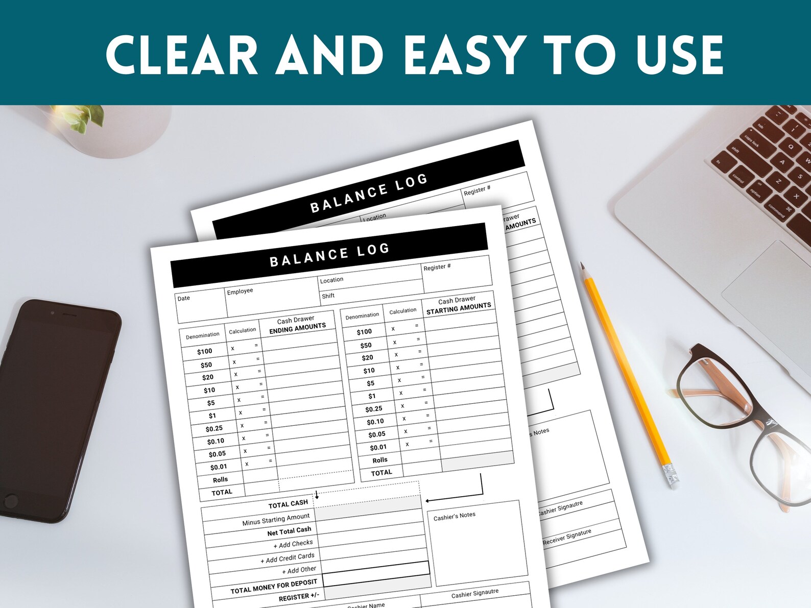 Cash Register Balance Sheet, Till Drawer Balance Log, Cash Drawer ...