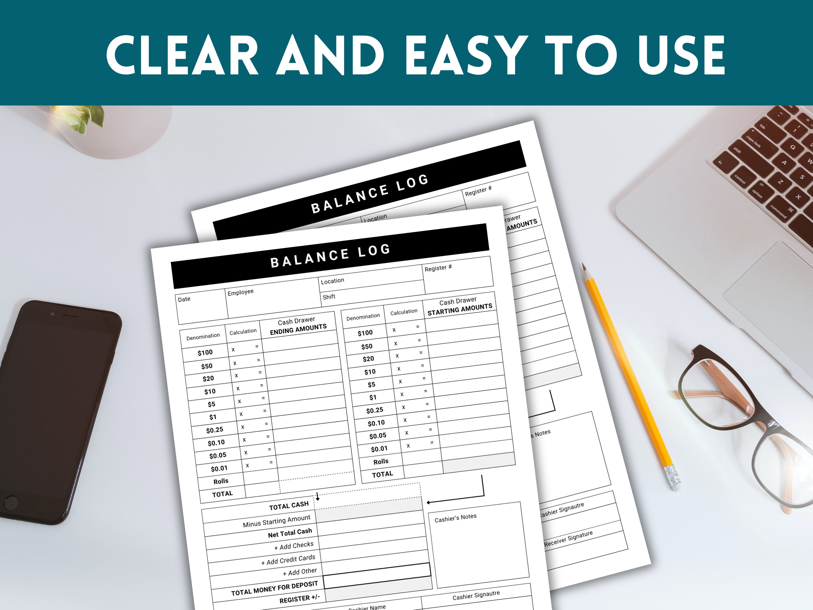 Cash Register Balance Sheet, Till Drawer Balance Log, Cash Drawer ...