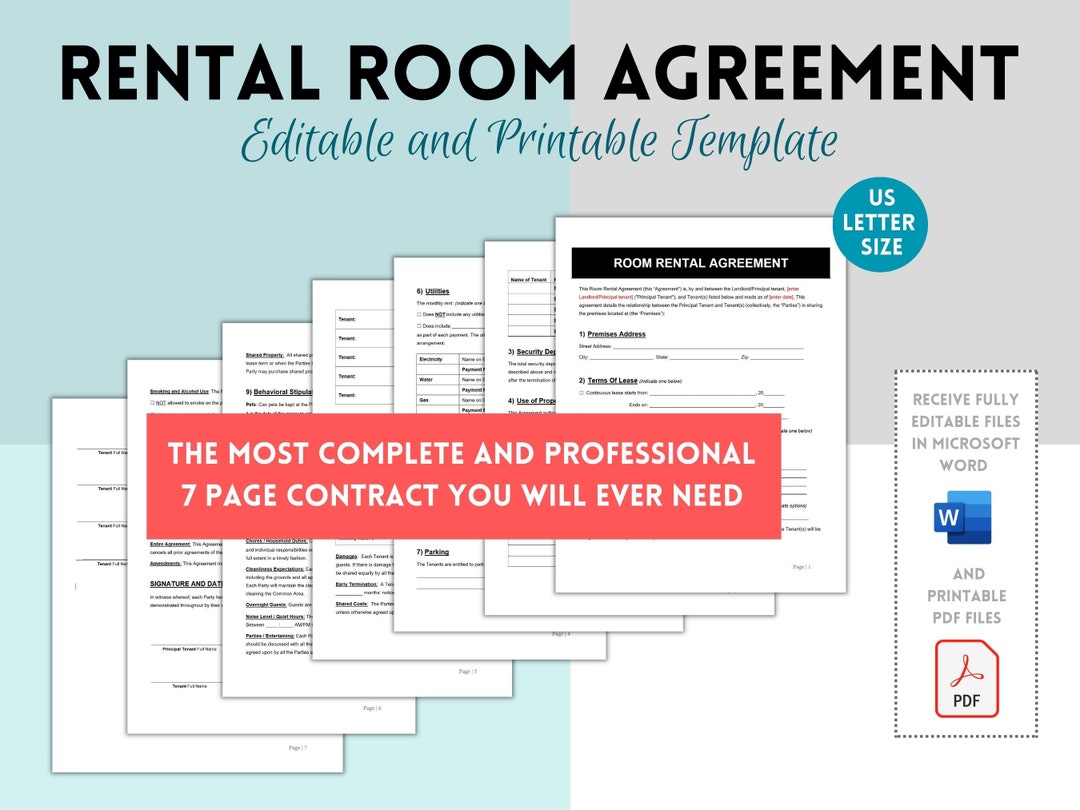 Room Rental Agreement Template, Room Lease Contract, Rental Agreement ...