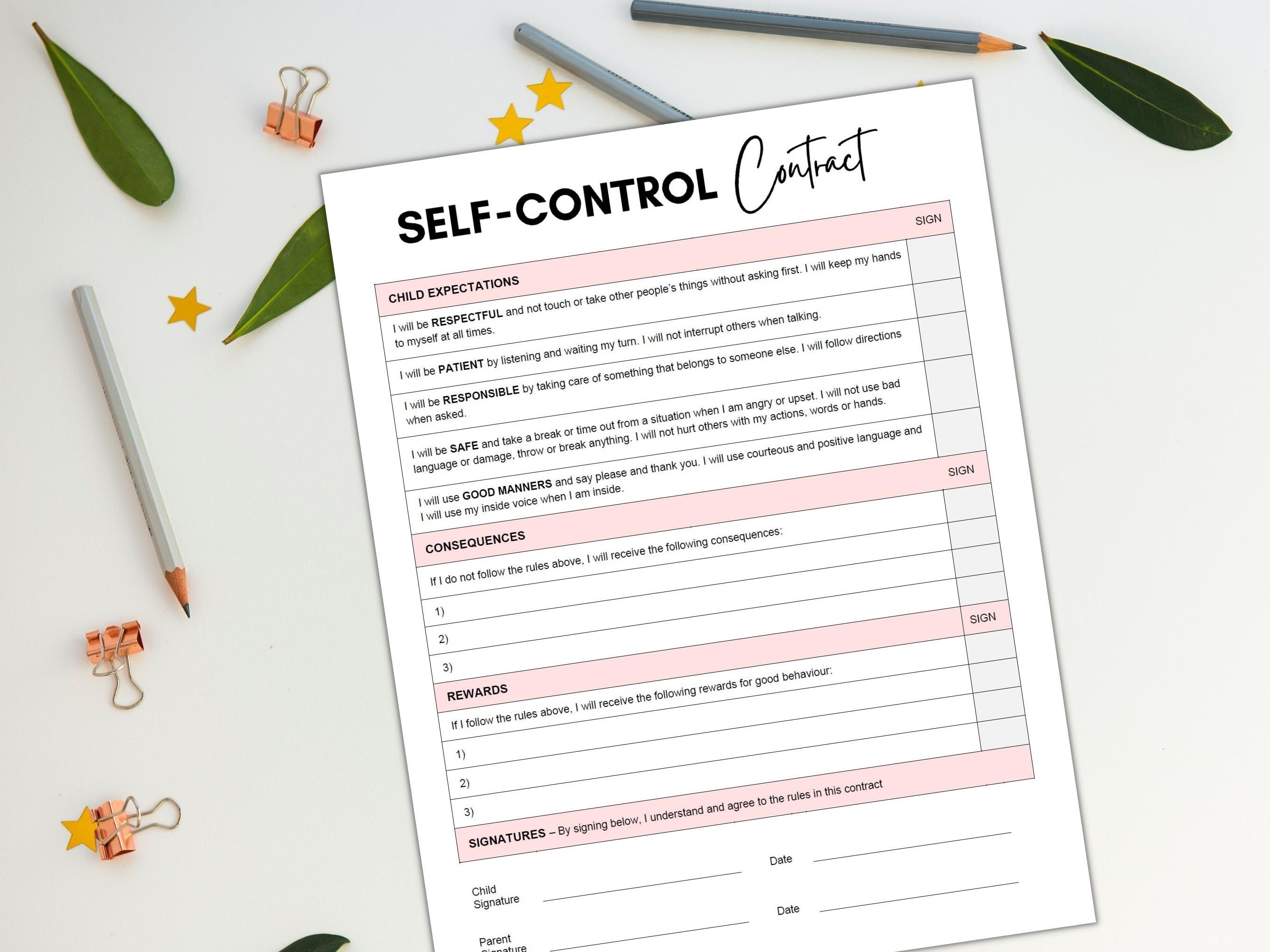 Self Control Contract, Child Behavior Contract, Children Actions and ...
