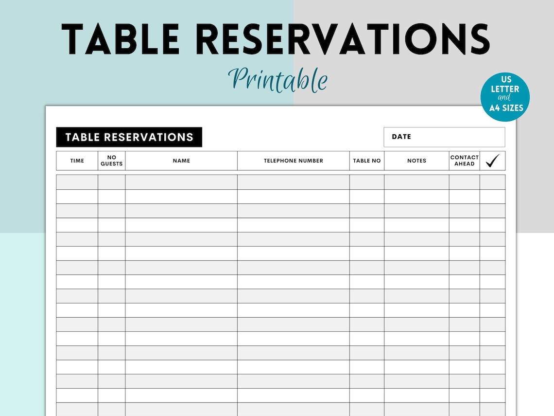 Printable Table Reservation List, Restaurant Table Reservation Form ...