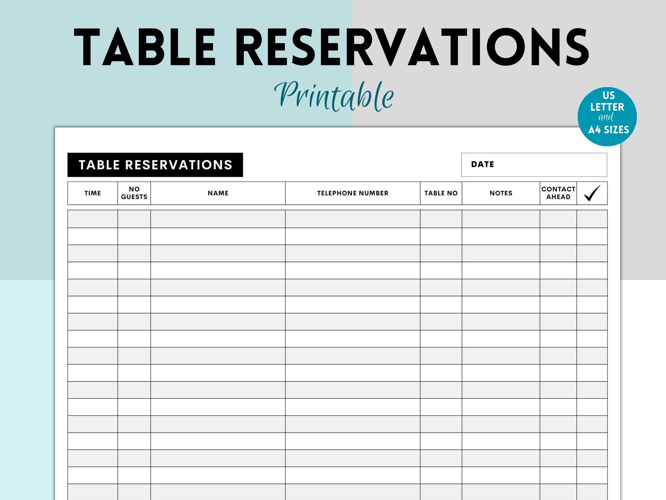 Printable Table Reservation List, Restaurant Table Reservation Form ...
