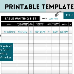 Printable Table Waiting List, Restaurant Table Waiting Form, Restaurant ...