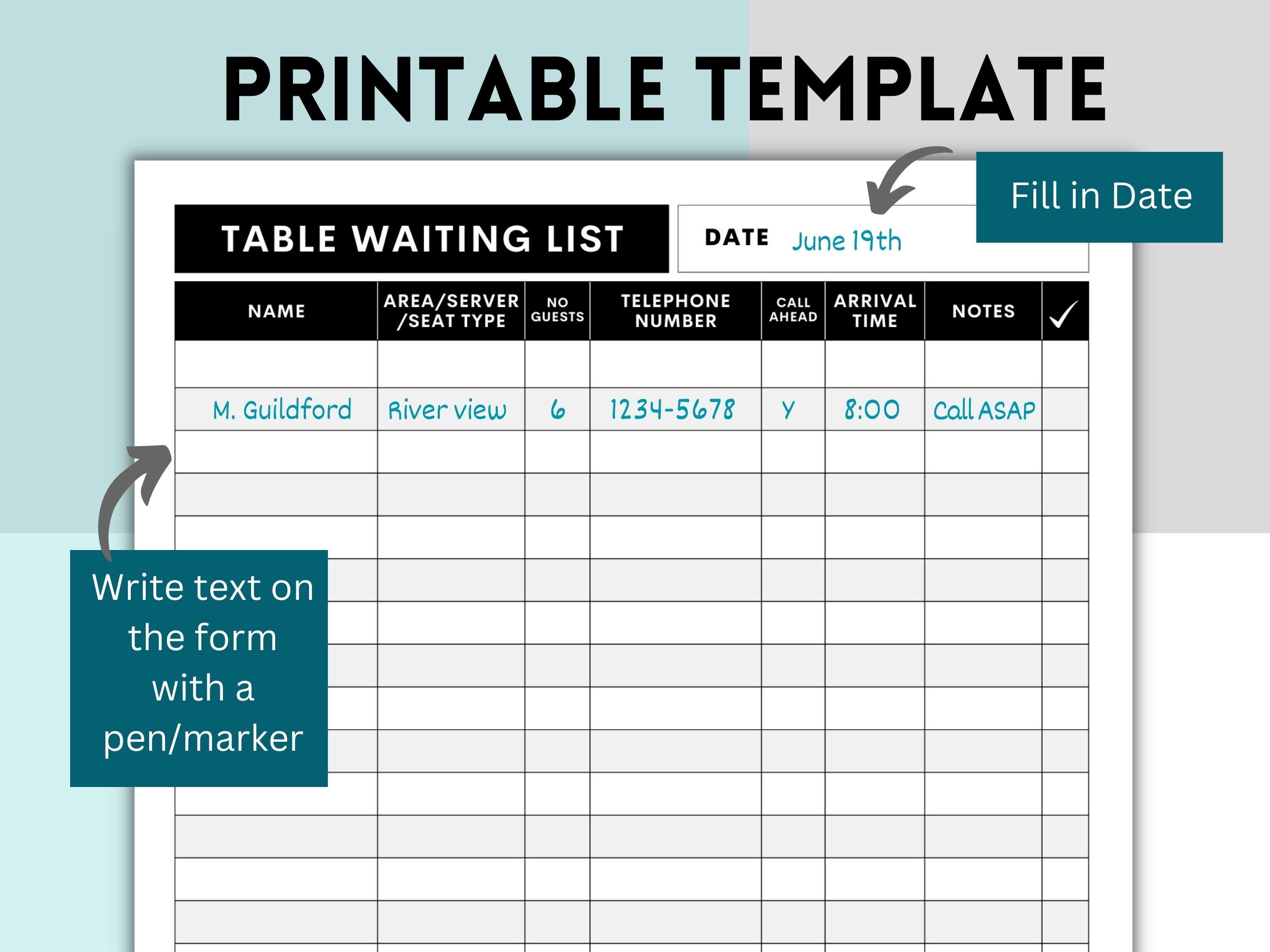 Printable Table Waiting List, Restaurant Table Waiting Form, Restaurant ...