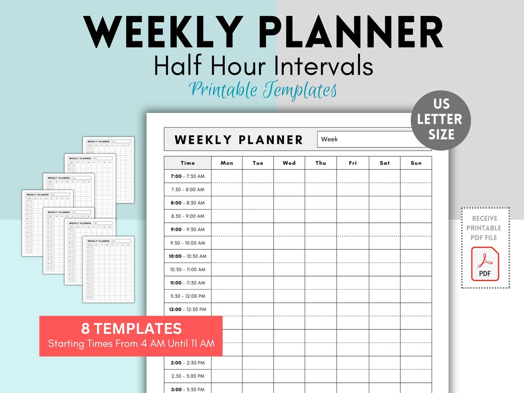 Weekly Planner, Half Hourly Time Blocking, Hourly Planner, Timesheet ...