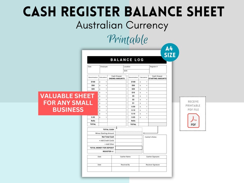 Cash Register Balance Sheet Australian, Till Drawer Balance Log, Cash ...