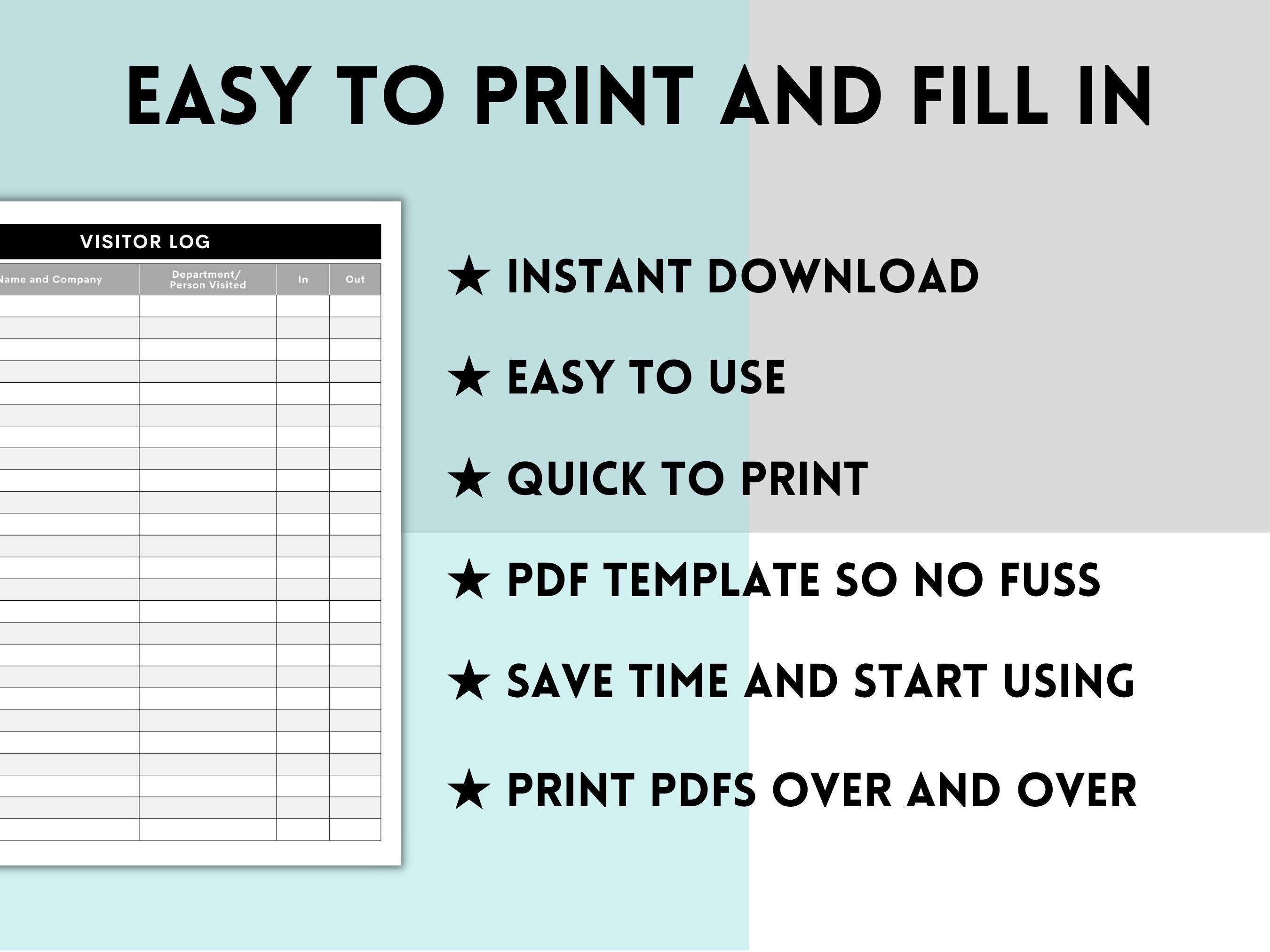 Printable Visitor Log, Visitor Sign in / Sign Out Sheet, Visitation Log ...