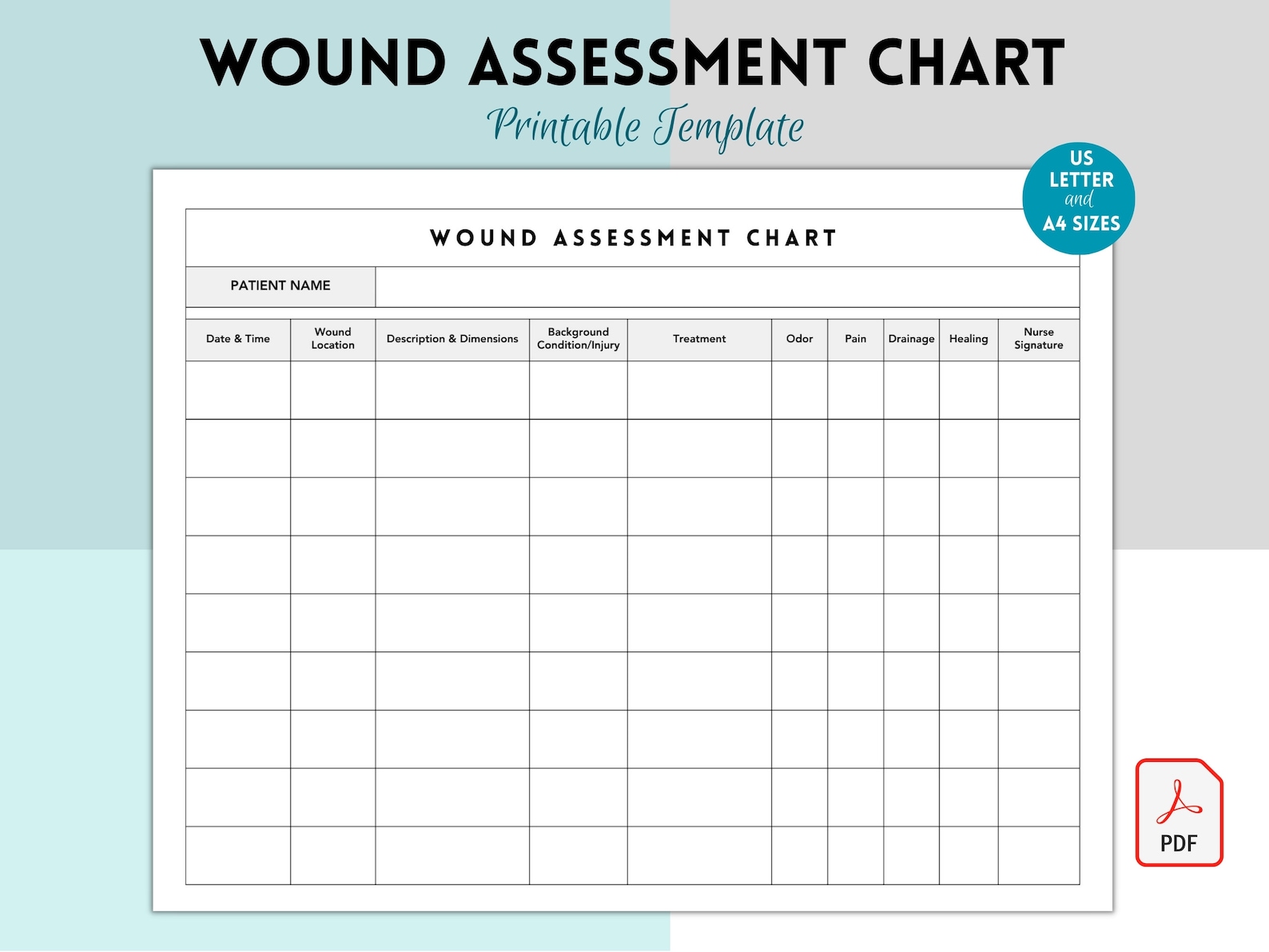 Wound Assessment Chart, Wound Management Chart for Nurses, Wound Chart ...
