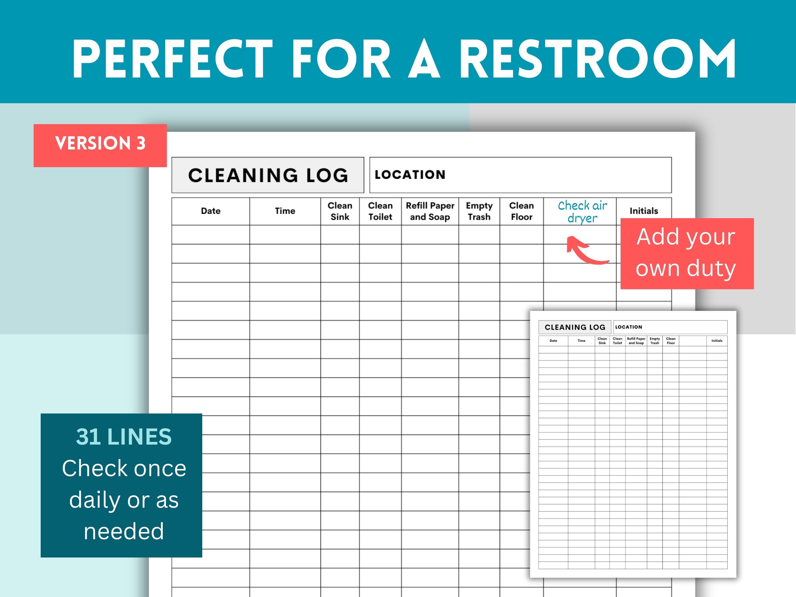 Bathroom Checklist, Printable Restroom Cleaning Log for Business ...