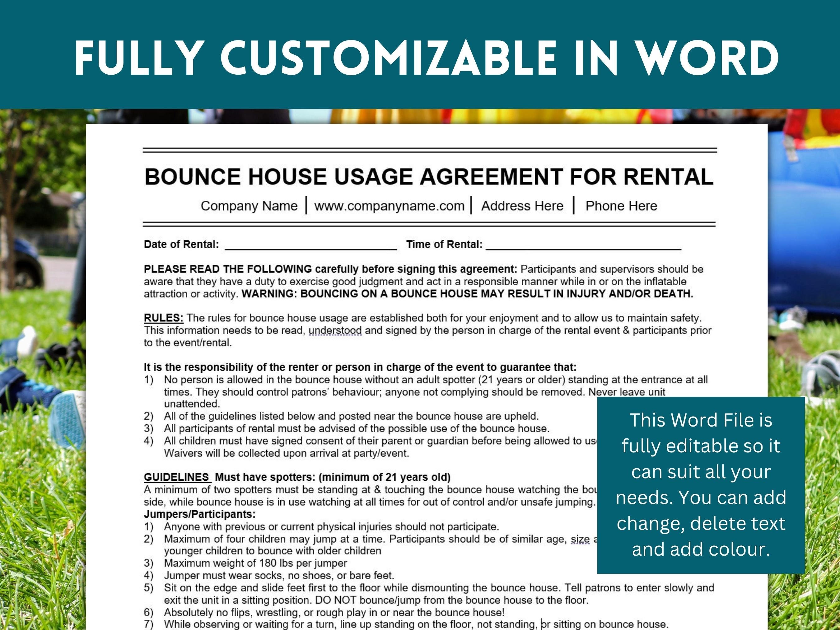 Bounce House Usage Agreement for Rent, Jumper Rental Agreement ...