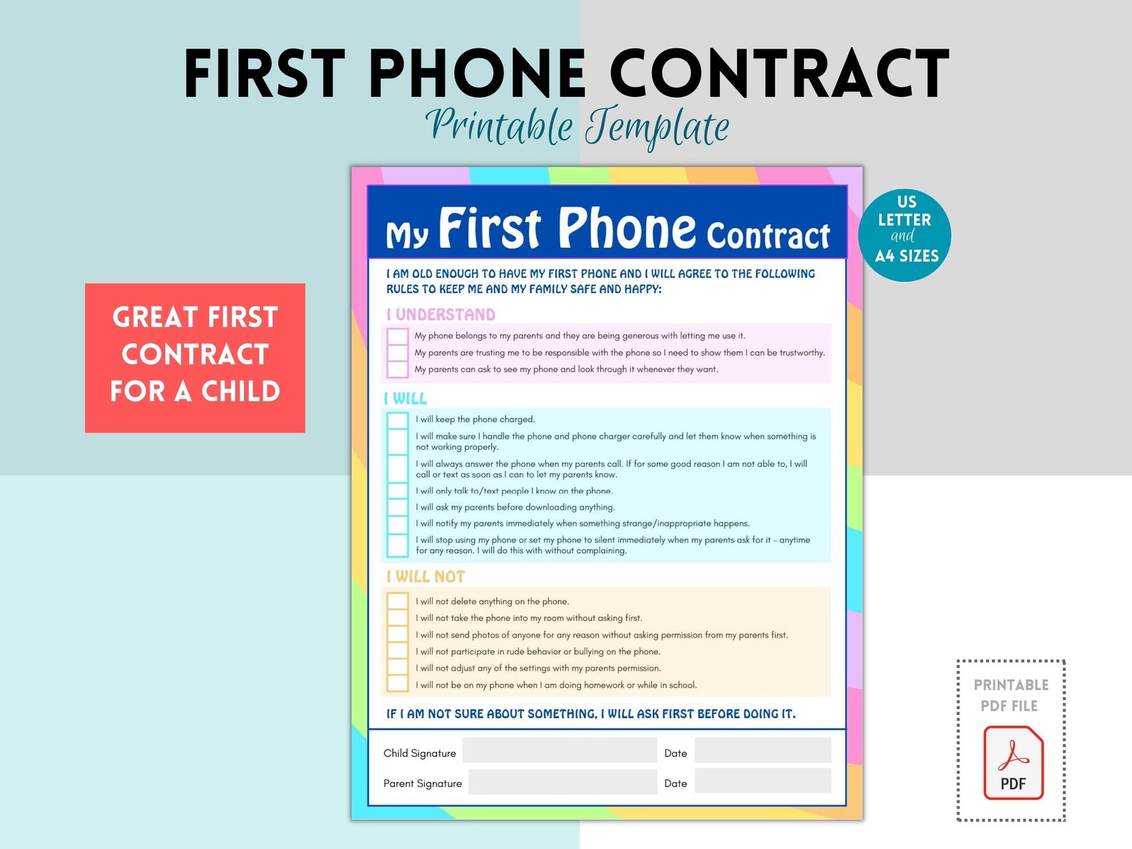 Cell Phone Contract for Child, Cell Phone Agreement, Phone Contract for ...