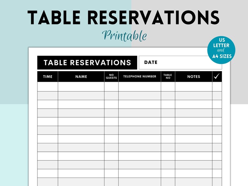 Printable Table Reservation List, Restaurant Table Reservation Form ...