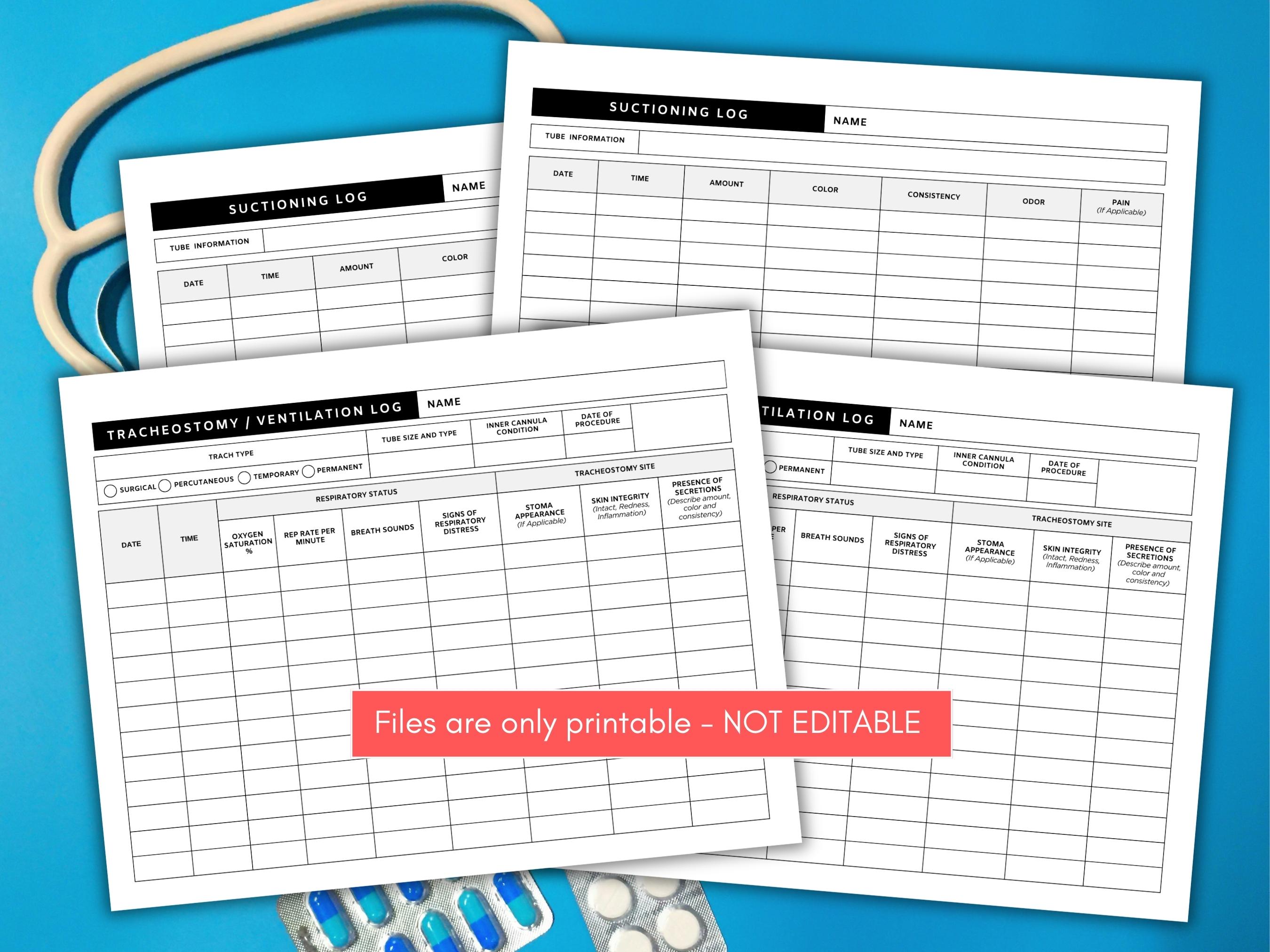 Tracheostomy Ventilation Suctioning Log Tracker Chart, Tracheotomy Care ...