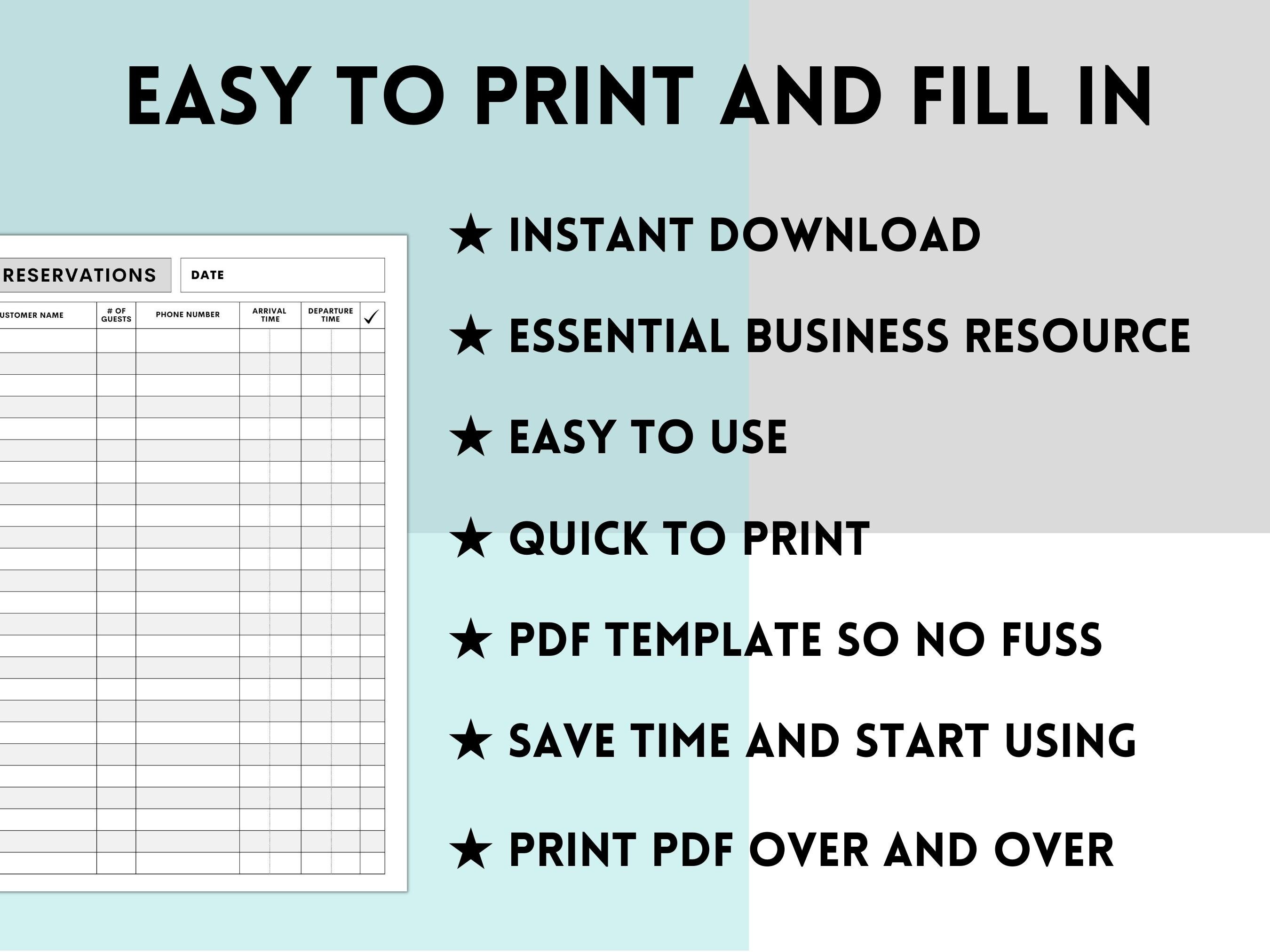 Printable Table Reservation List, Restaurant Table Reservation Form ...