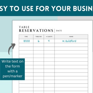 Printable Table Reservation List, Restaurant Table Reservation Form ...