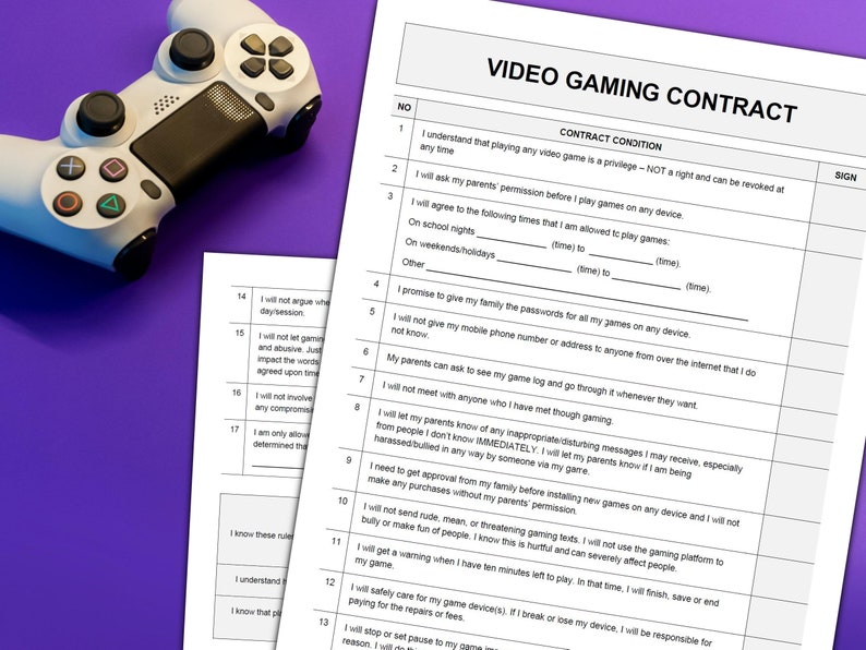 Video Gaming Contract for Teenagers, Screen Time Rules, House Rules ...