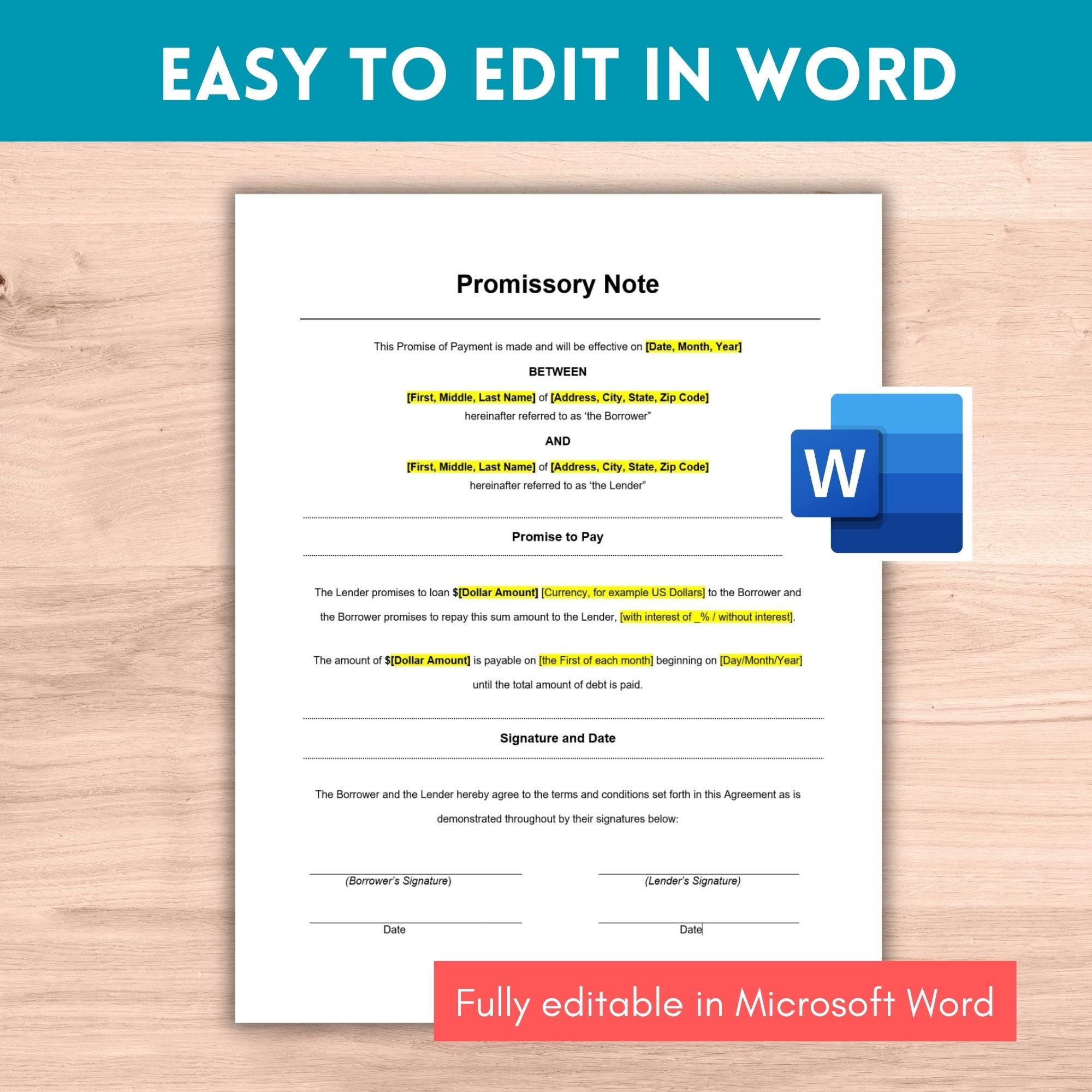 Promissory Note, Editable Promissory Note for Payment, Simple Personal ...