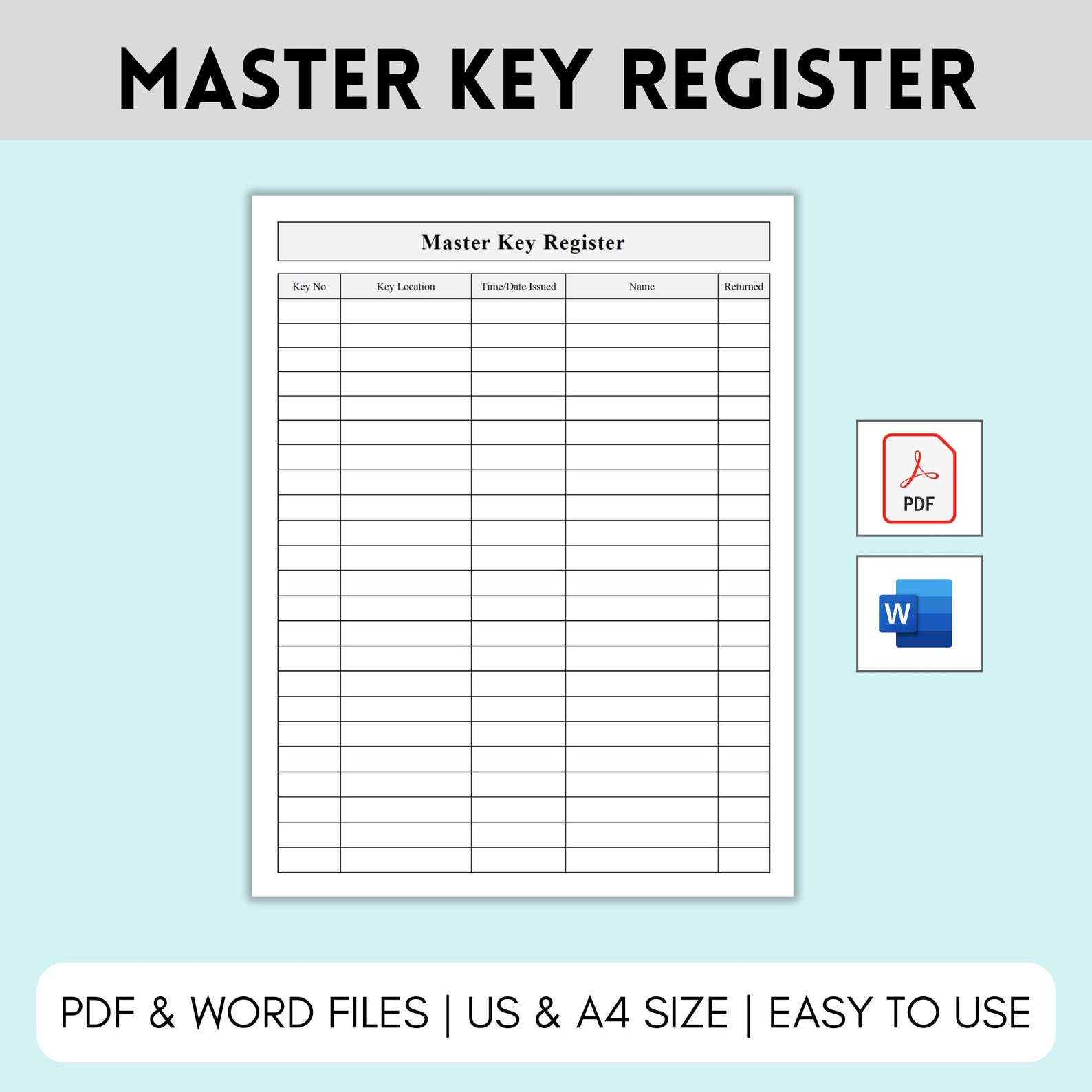 Master Key Log, Master Key Register, Master Key Record, Key Tracking ...
