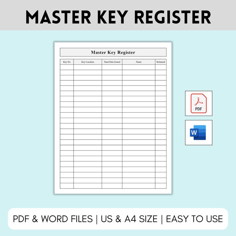 Master Key Log, Master Key Register, Master Key Record, Key Tracking ...