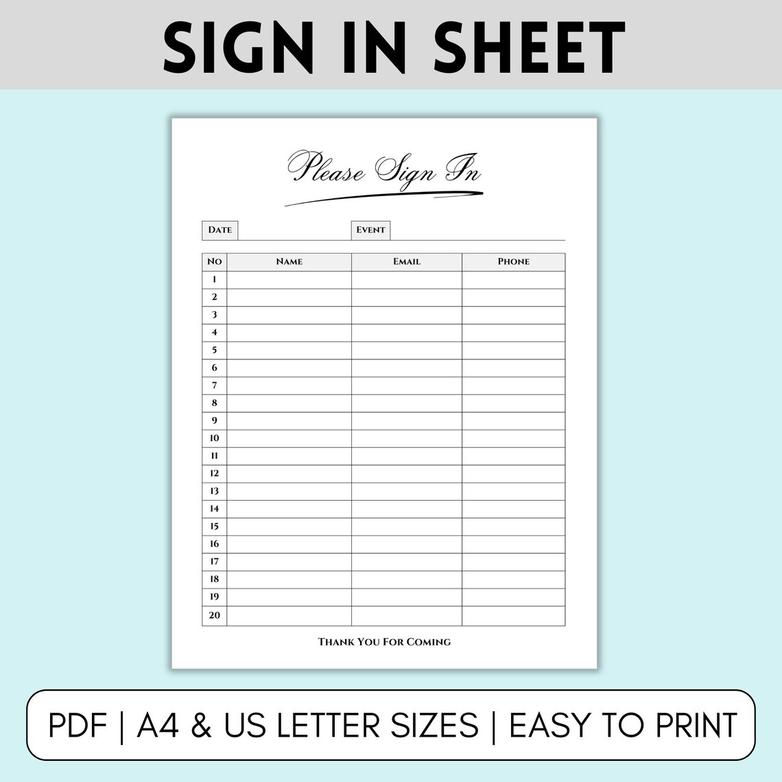 Sign in Sheet, Printable PDF Open House Sign in Sheet Template, Meeting ...