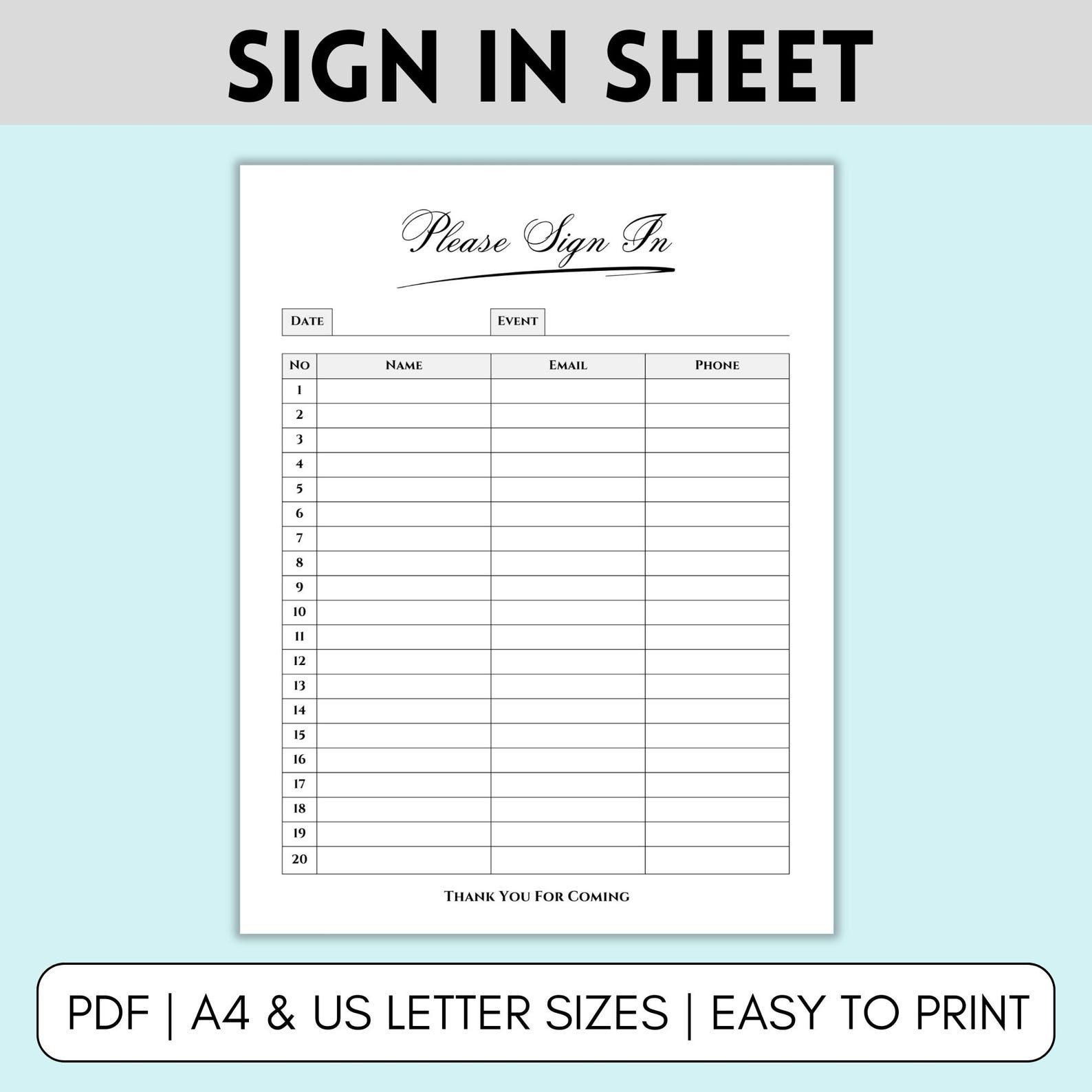 Sign in Sheet, Printable PDF Open House Sign in Sheet Template, Meeting ...