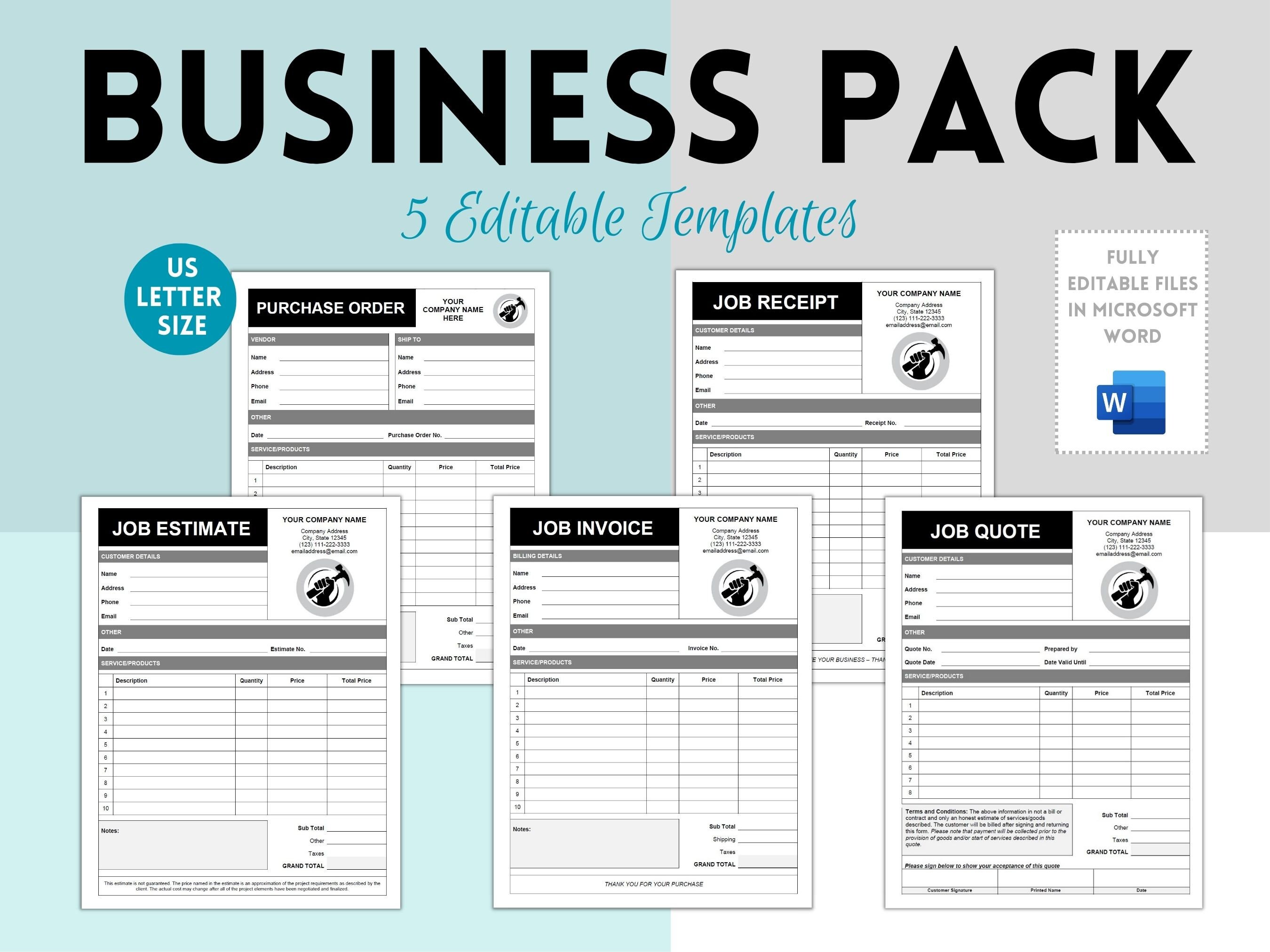 Business Template Bundle, Invoice, Job Estimate, Purchase Order, Quote ...