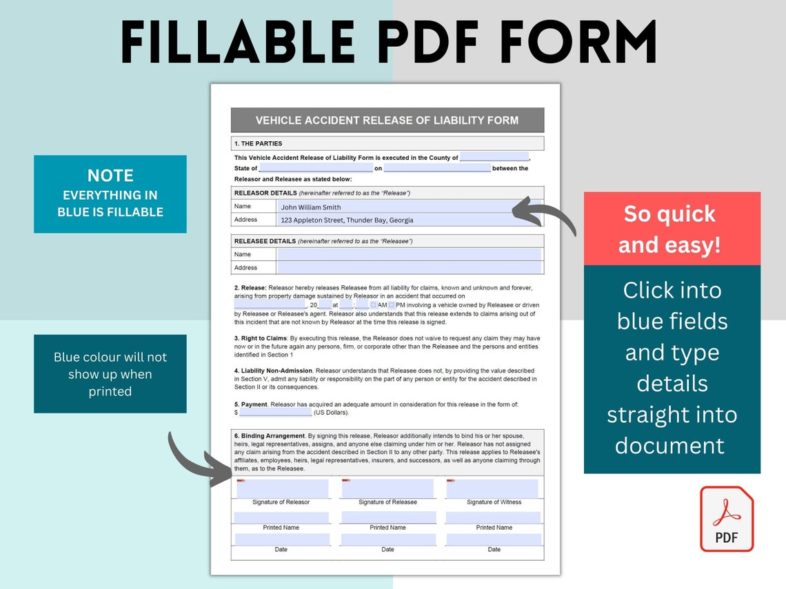 Car Accident Release of Liability Template, Vehicle Accident Release of ...