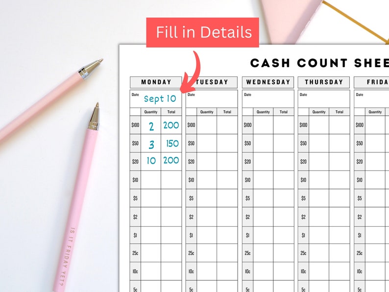 Cash Breakdown, Count Sheet, Cash Breakdown Slip, Cash Withdrawal Slip ...
