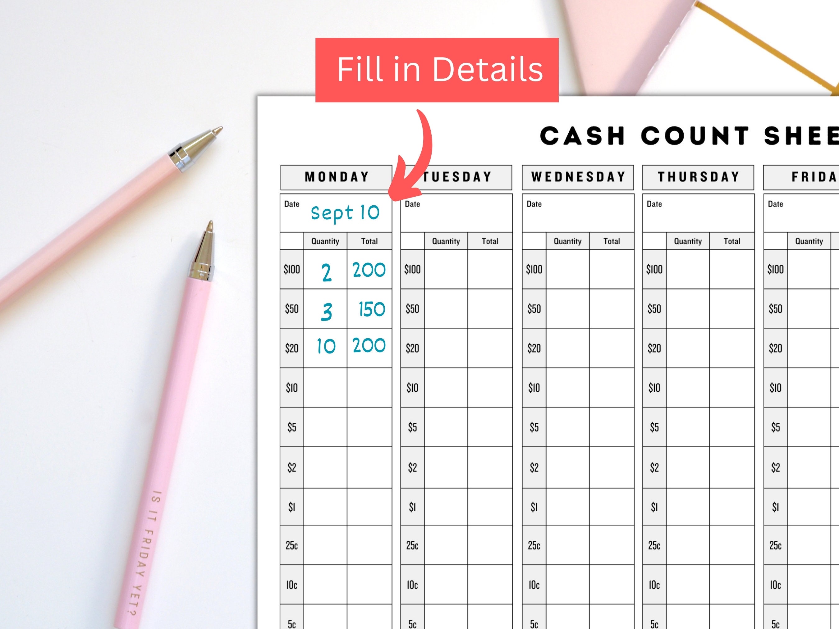 Cash Breakdown, Count Sheet, Cash Breakdown Slip, Cash Withdrawal Slip ...