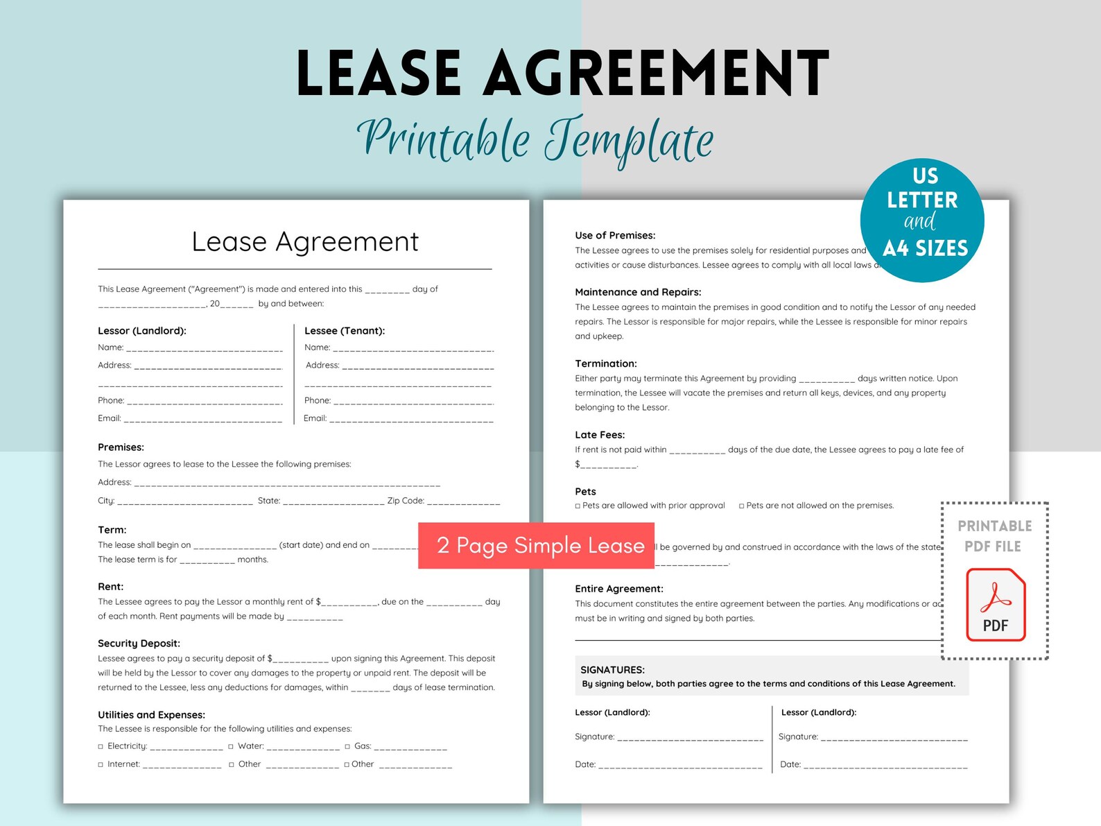 Simple Lease Agreement, Rental Agreement, Lease Contract, Residential ...