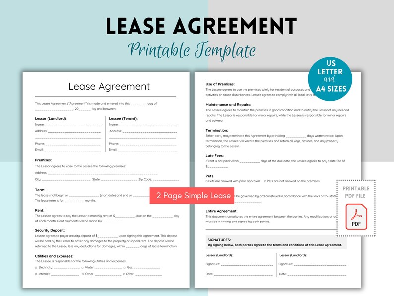 Simple Lease Agreement, Rental Agreement, Lease Contract, Residential ...
