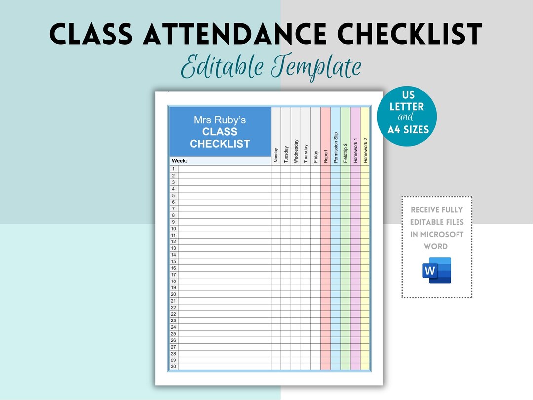 Class Attendance Checklist, Attendance Record, Attendance Sheet ...