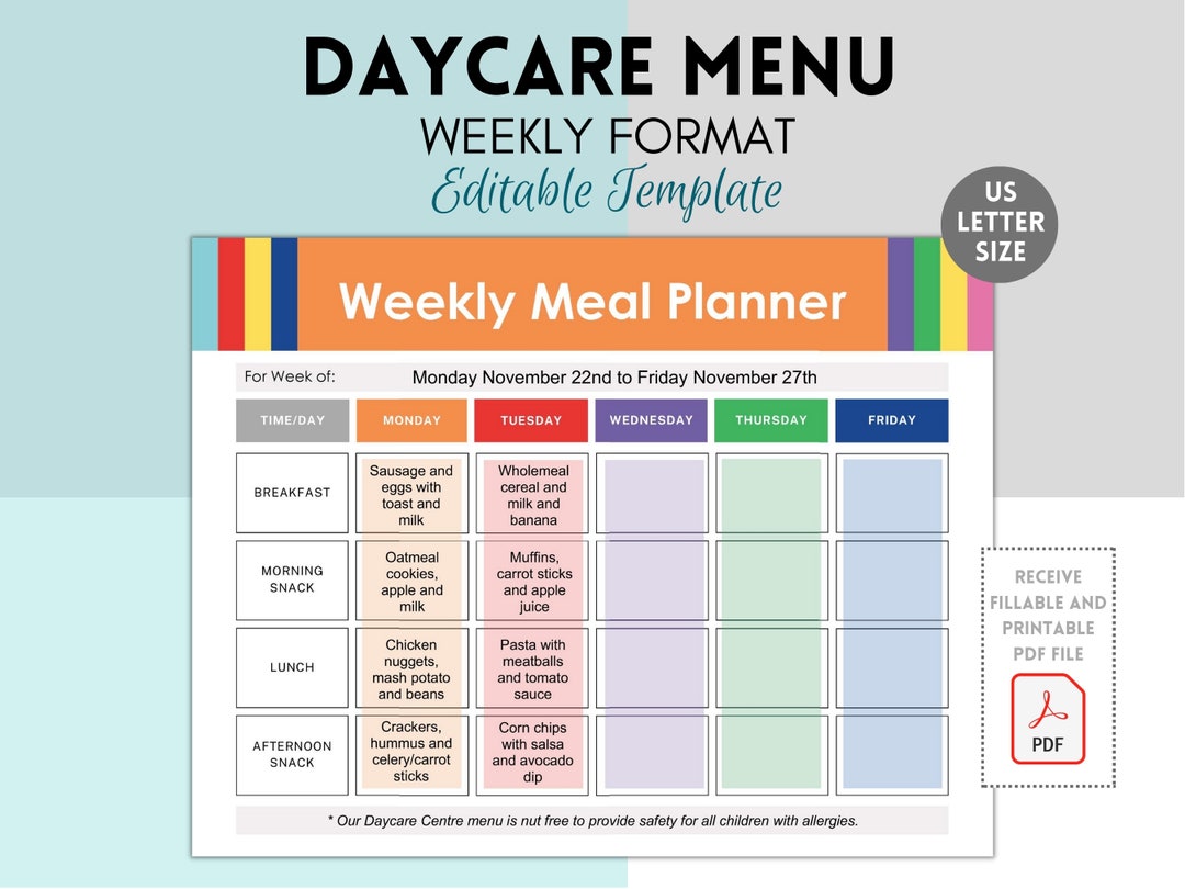 Plantilla de menú semanal de guardería, menú preescolar, plantilla de ...