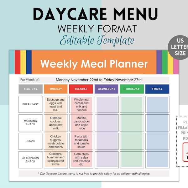 Daycare Menu Template - Etsy