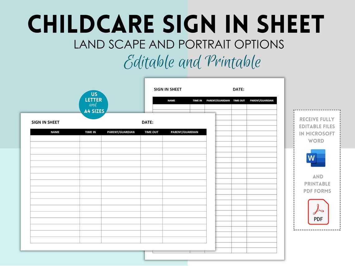 Editable Childcare Sign in Sheet. Daycare Sign In. Nursery Sign In ...