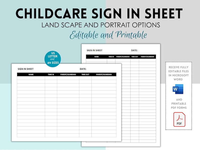 Editable Childcare Sign in Sheet. Daycare Sign In. Nursery Sign In ...