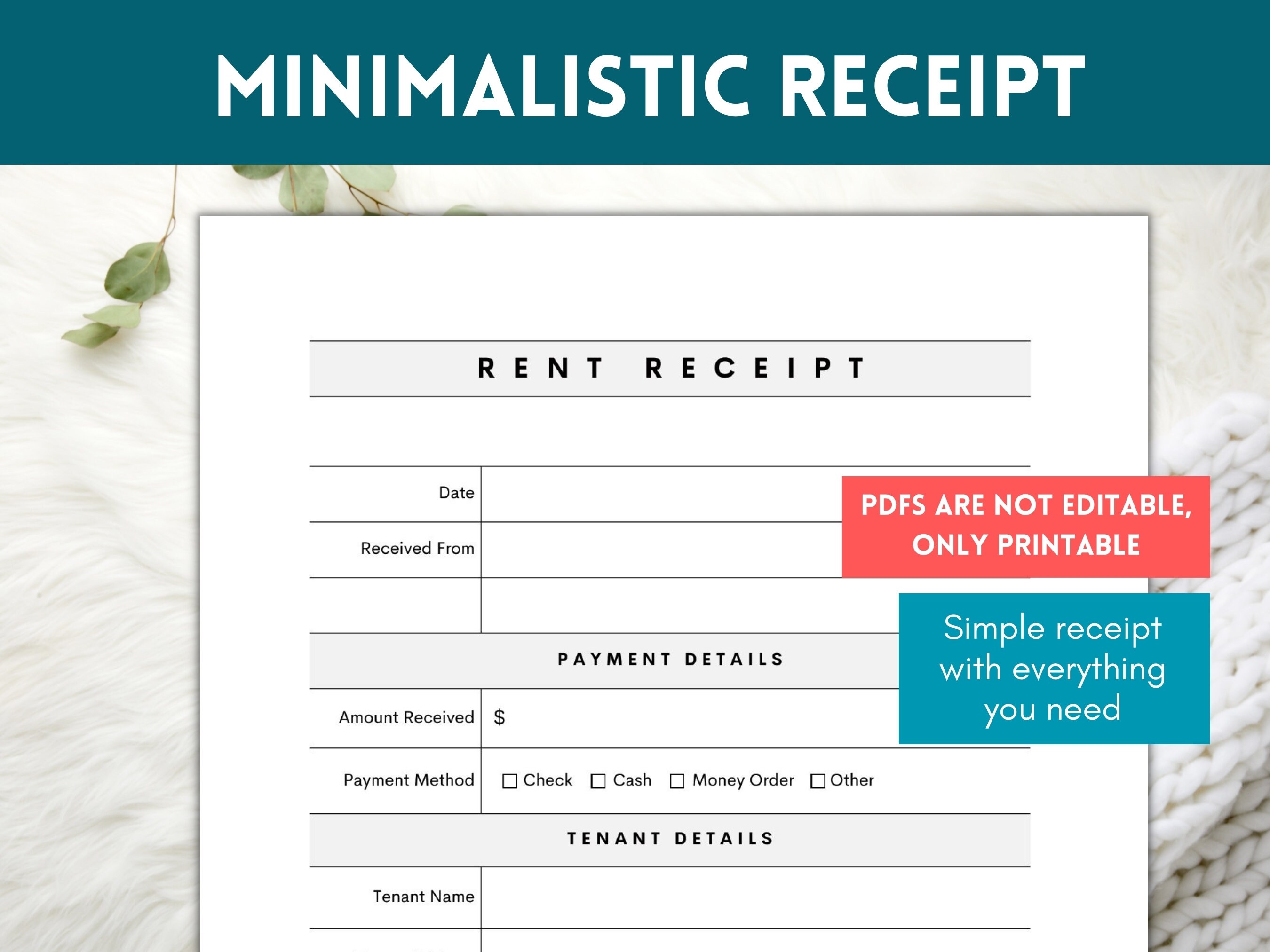Simple Printable Rent Receipt and Rent Ledger, Cash Receipt, Rental ...