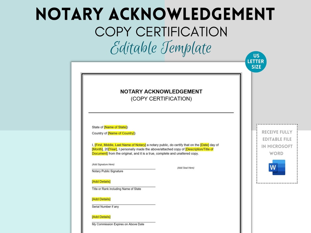 Certification Notary Acknowledgement Form, Notary Acknowledgement ...