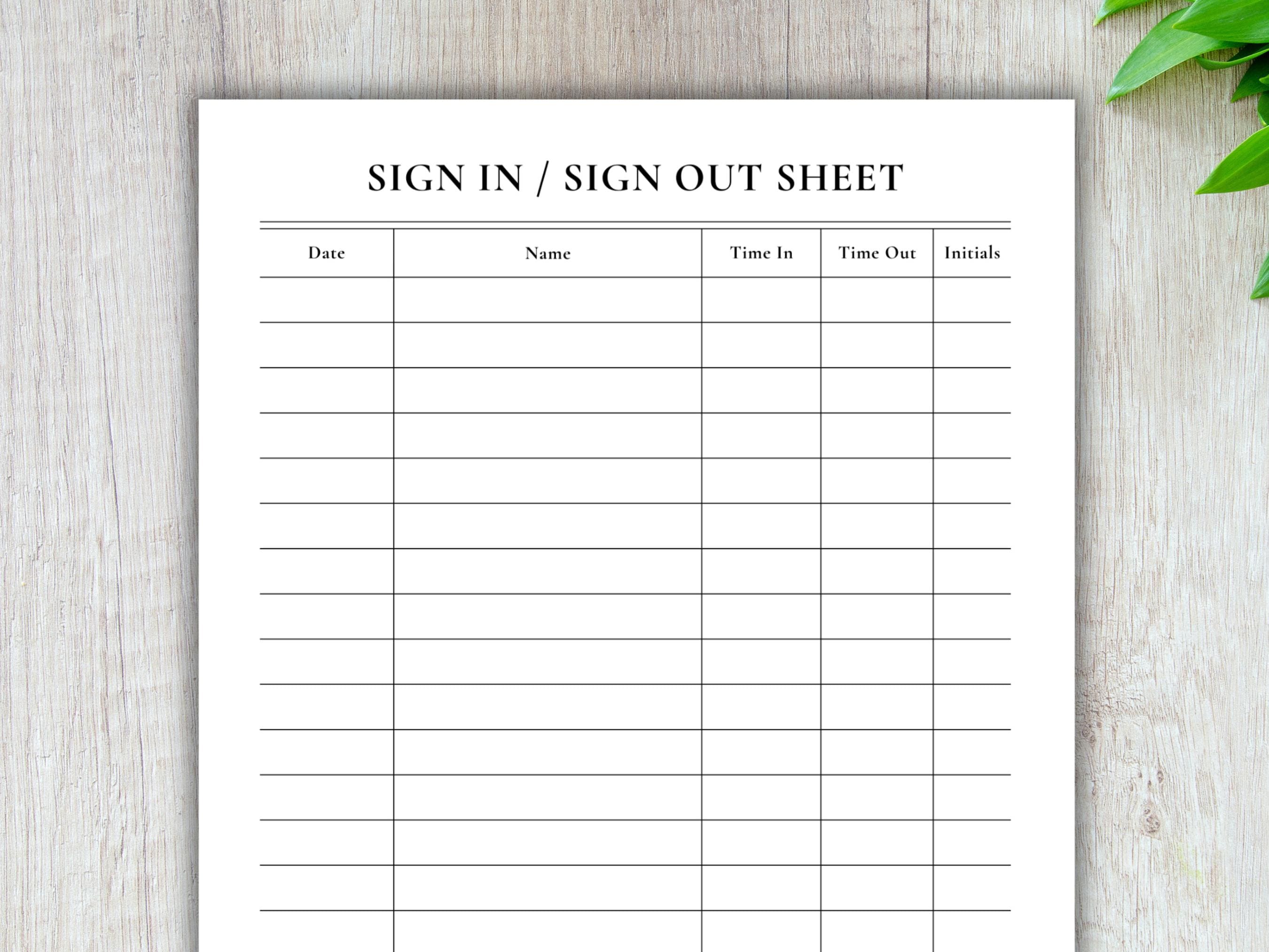 Sign in and Sign Out Sheet, Time in and Time Out Sheet Template ...