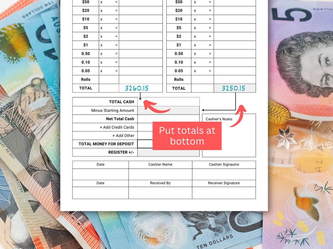 Cash Register Balance Sheet Australian, Till Drawer Balance Log, Cash ...