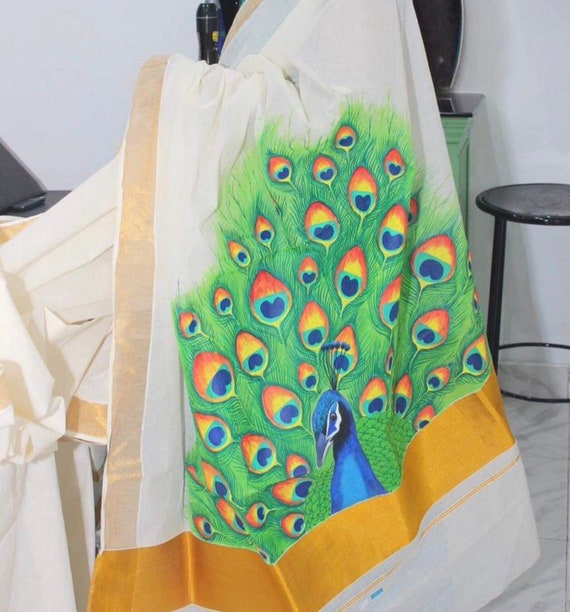 Peacock Feather Paintings On Saree