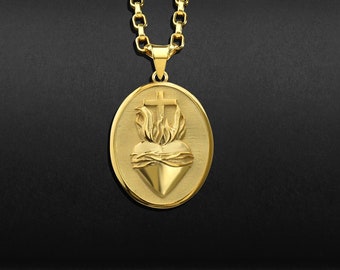 10K, 14K Yellow Gold Sacred Heart Medal, Religious Sacred Heart Pendant ...