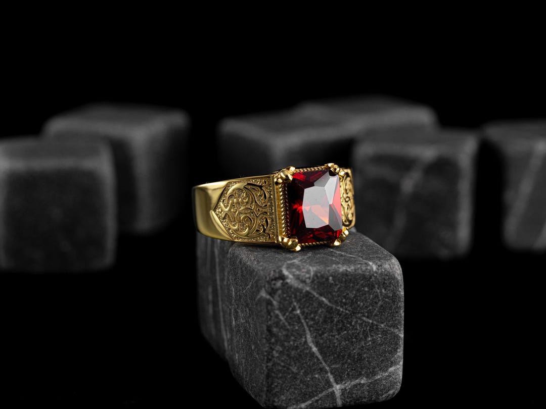 Red Ruby Statement Ring Men With Fleur De Lis in 21K Gold, Victorian Engraved Mens Ruby Ring in ...