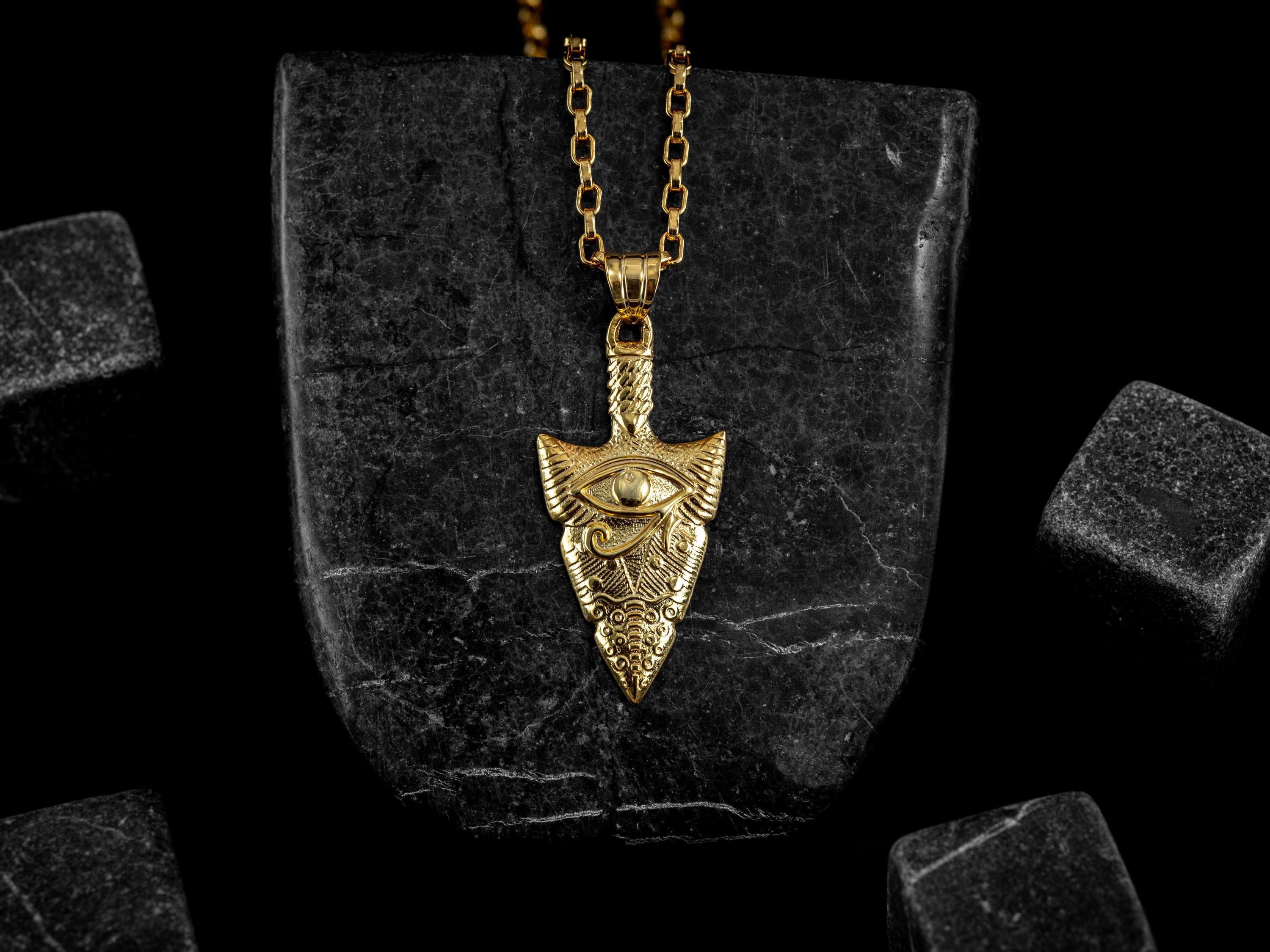 Solid 18K Gold Arrowhead With Horus Eye Necklace for Men, 14K Solid ...