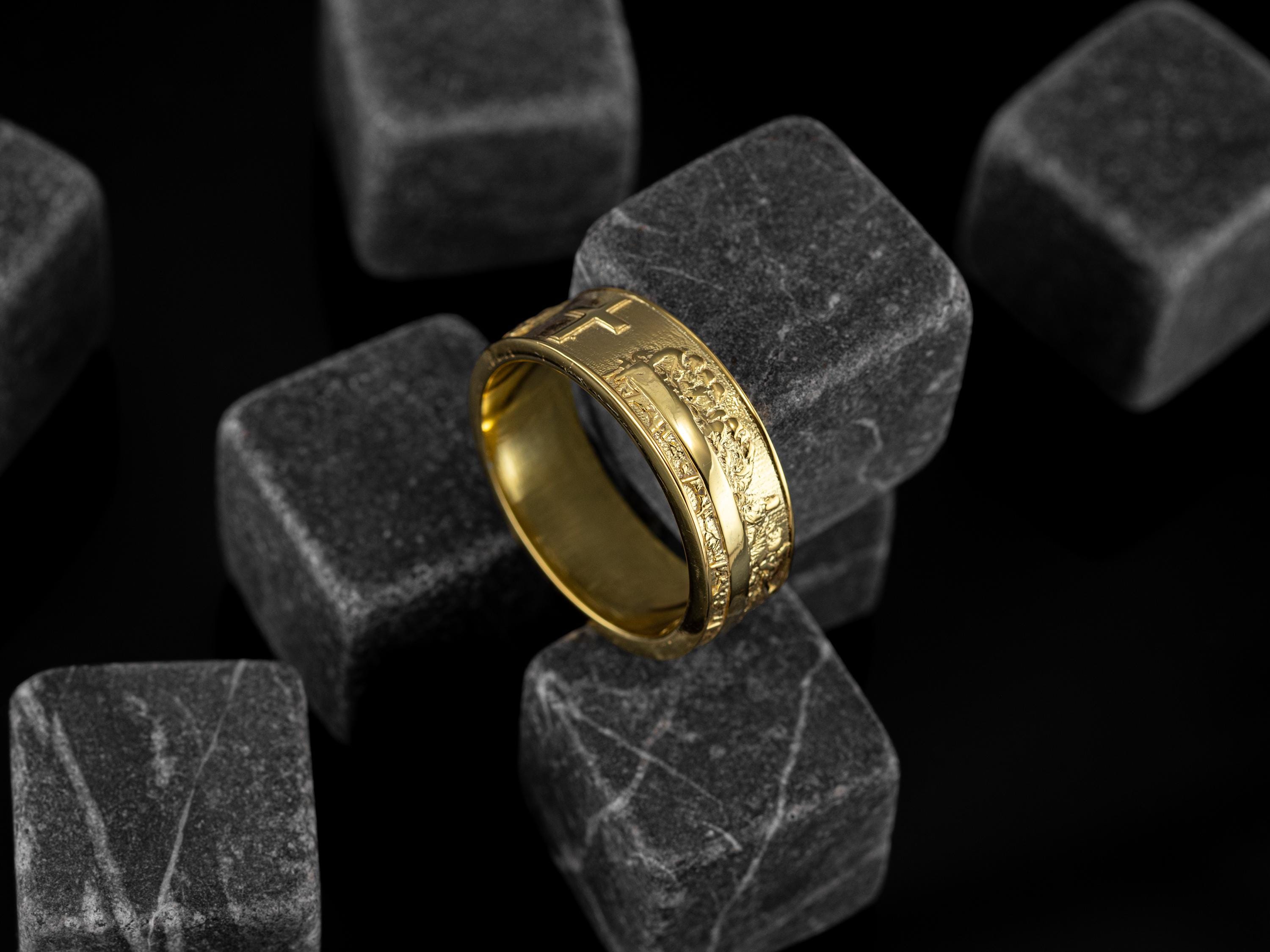 Last Supper Cross 18K Solid Gold Men Band Rings, Cross Wedding 21K Gold ...