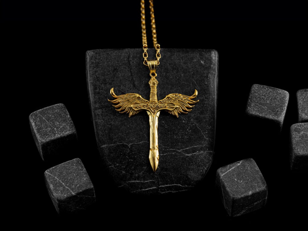 14K Solid Gold Saint Michael Sword Necklace for Men, Archangel Blade ...