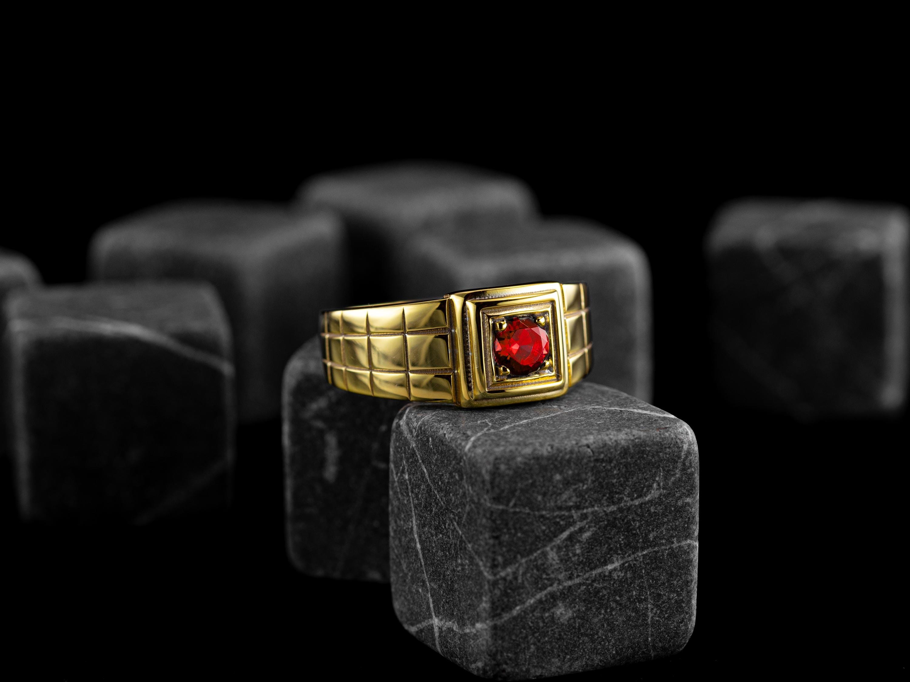 14K Solid Gold Men Ring With Red Ruby Gemstone, Square Cut Ruby Gold ...