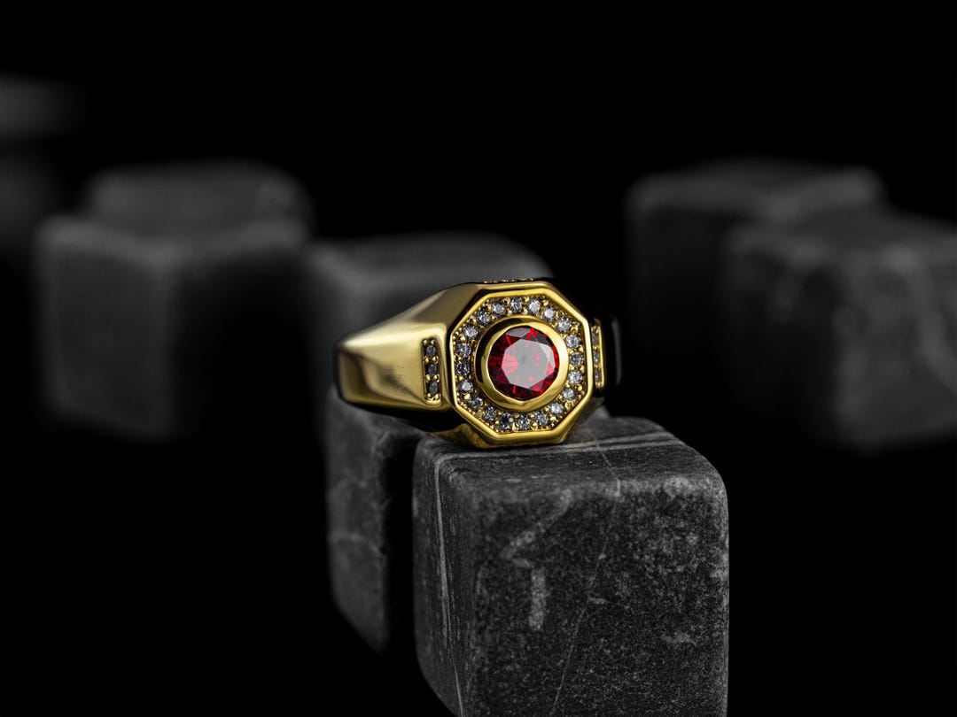 21K Gold Octagon Signet Ring With Red Ruby and Pave CZ, 8K Statement ...